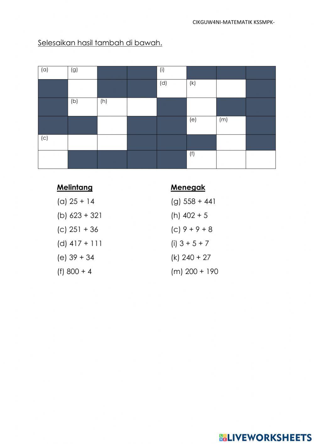 Pdf online activity: Operasi Tambah | Live Worksheets