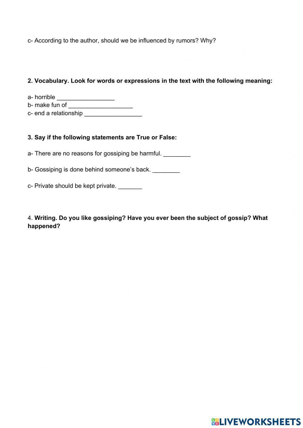 Gossip and rumo… | Free Interactive Worksheets | 744621