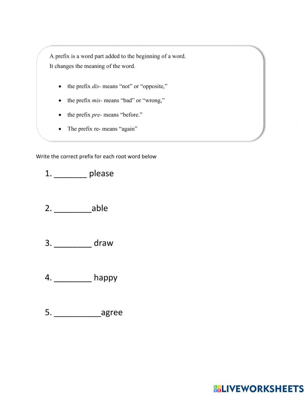 Prefix Worksheet activity | Live Worksheets