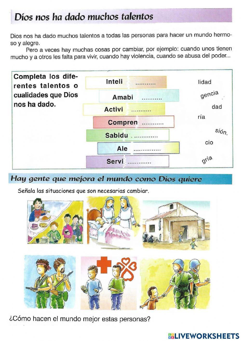 Dios nos da talentos para cambiar el mundo worksheet | Live Worksheets