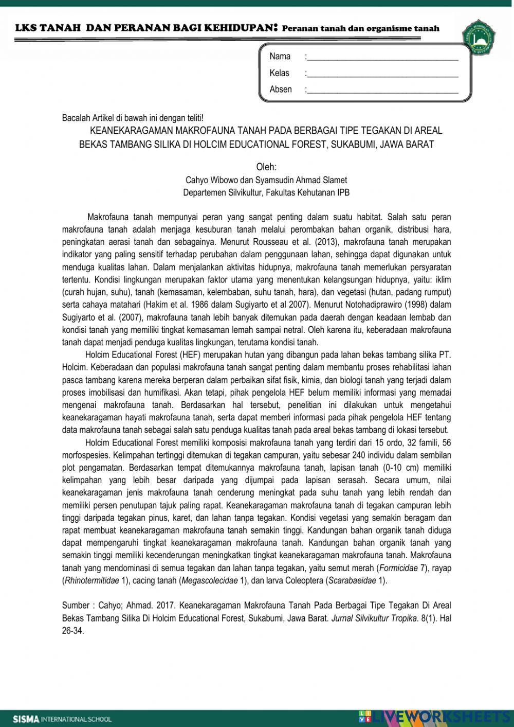Peranan Tanah bagi Kehidupan worksheet | Live Worksheets