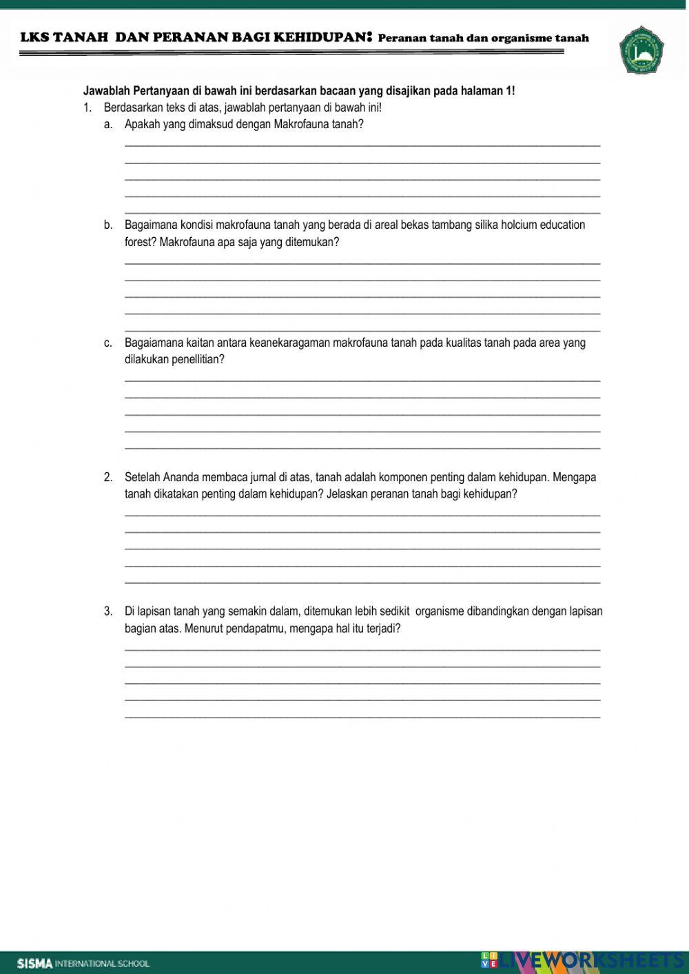 Peranan Tanah bagi Kehidupan worksheet | Live Worksheets