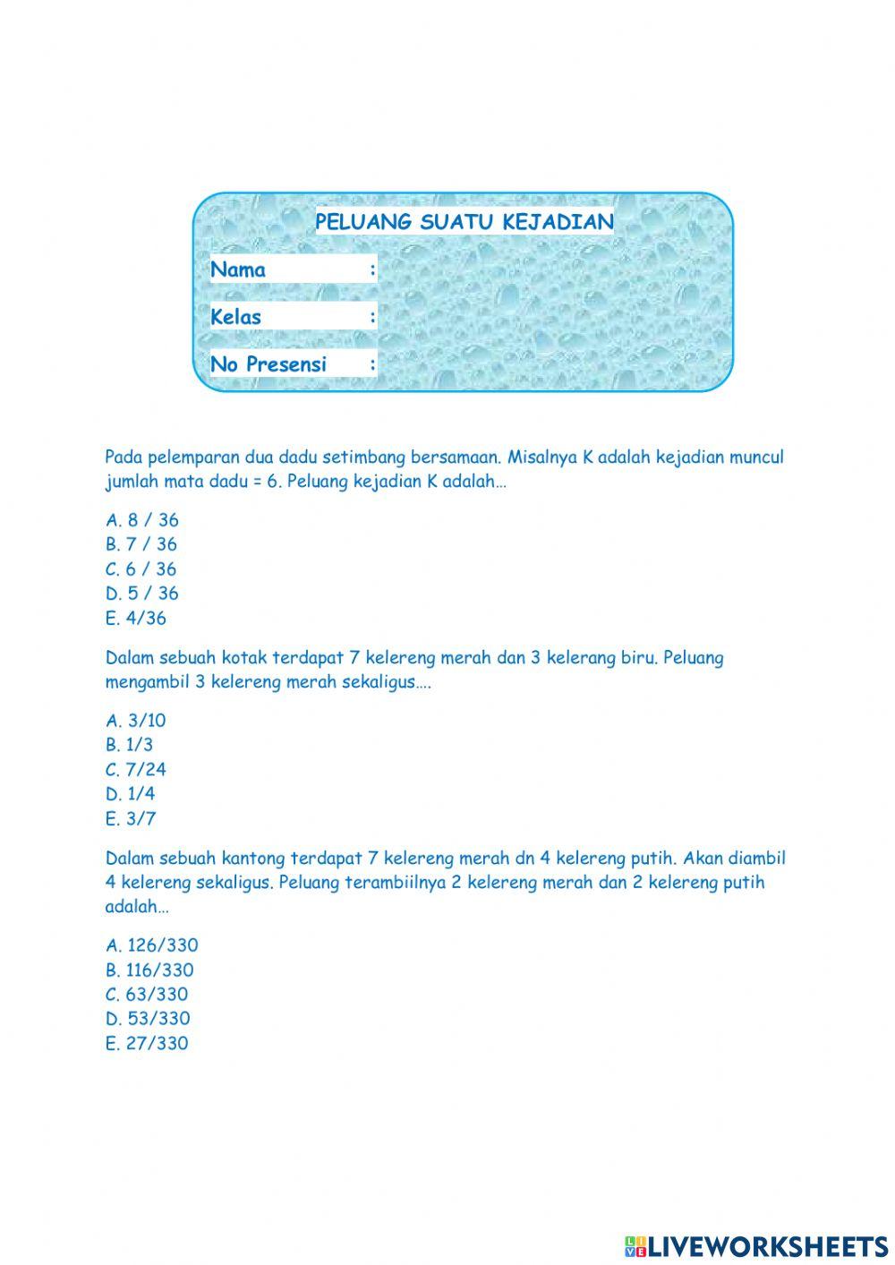 Peluang online exercise | Live Worksheets