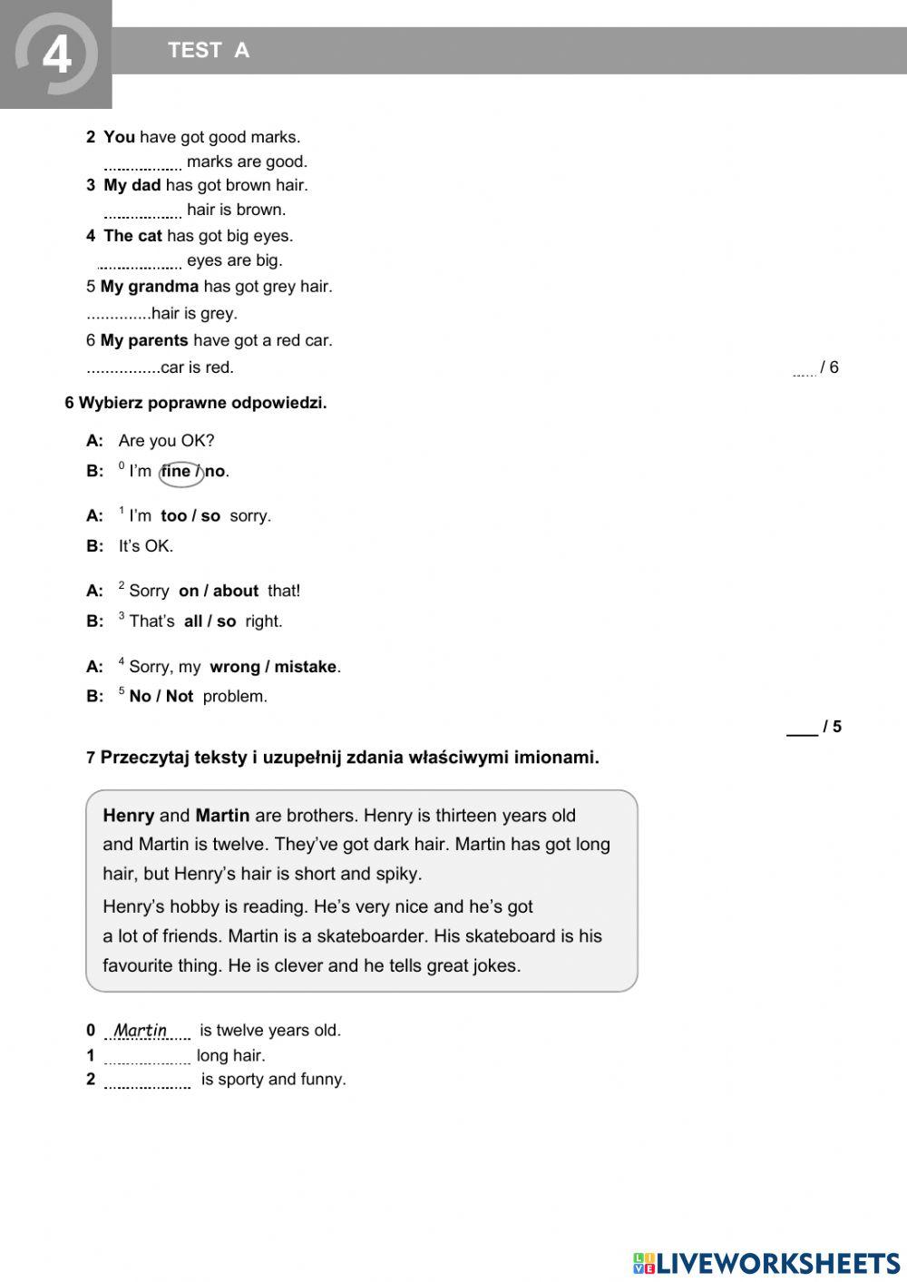English Class A1 unit 4 - poprawa online exercise for | Live Worksheets