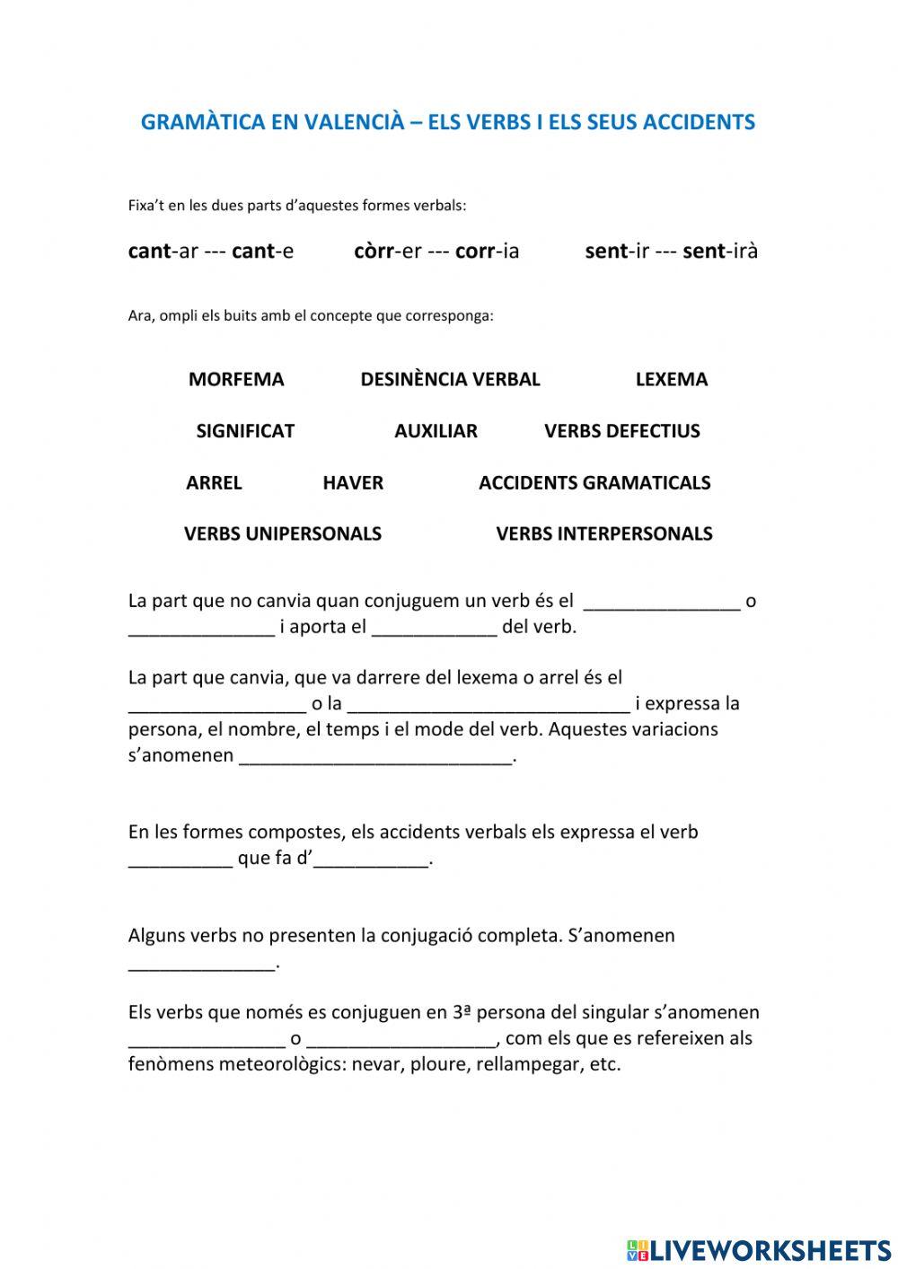 Verbs valencià i els seus accidents worksheet | Live Worksheets