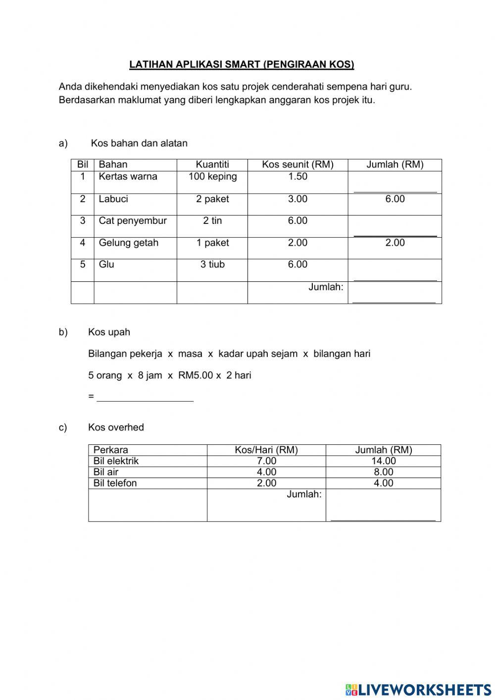 Penyediaan anggaran kos worksheet | Live Worksheets