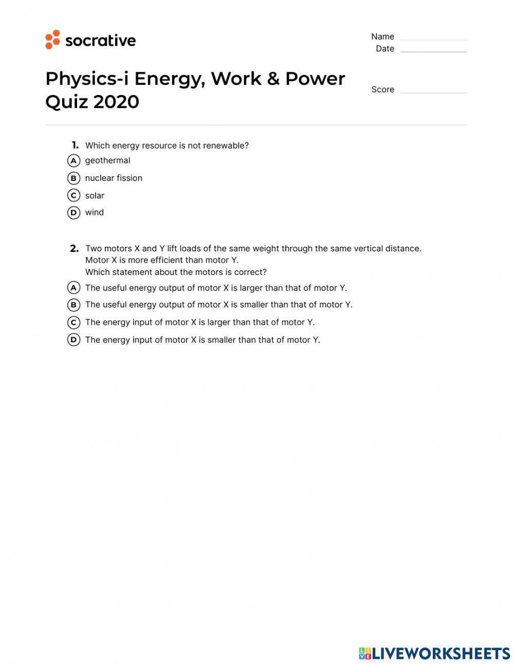 G9 Energy, Work and Power Topic Multiple Choice Questions