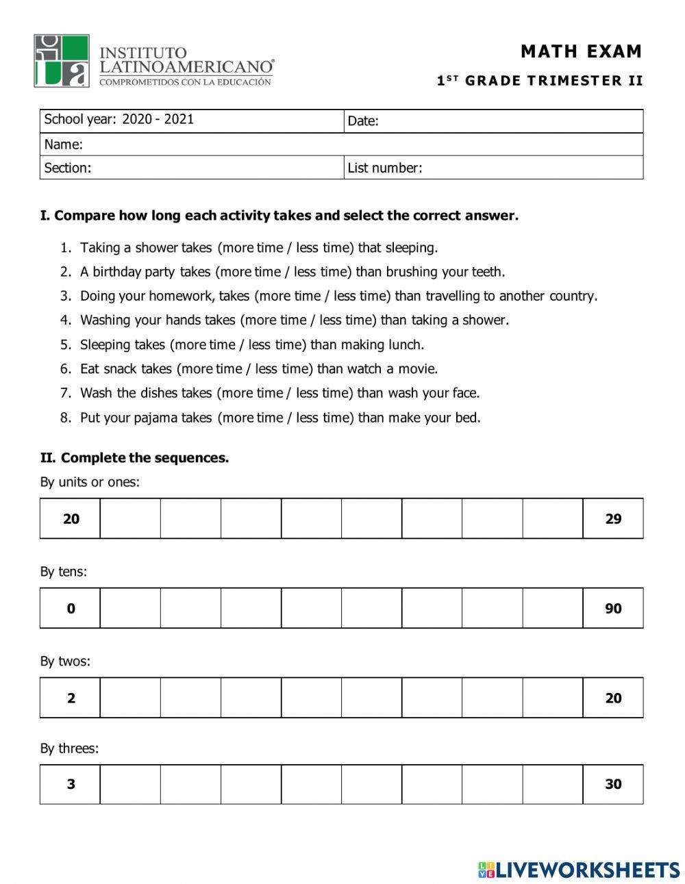 Math Exam 2nd Trimester 740676 | MissElviaG | Live