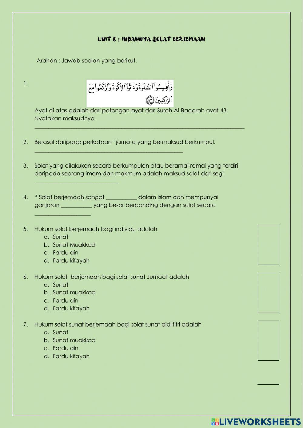Unit 6 : Solat Berjemaah worksheet | Live Worksheets