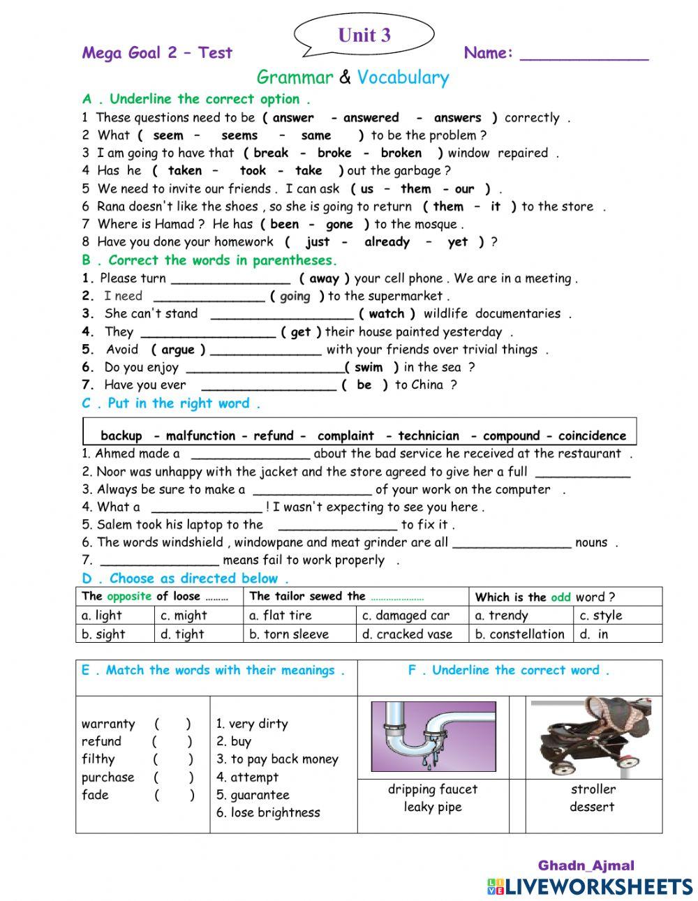 mega goal 2unit 3 revision work sheet online exercise for | Live Worksheets