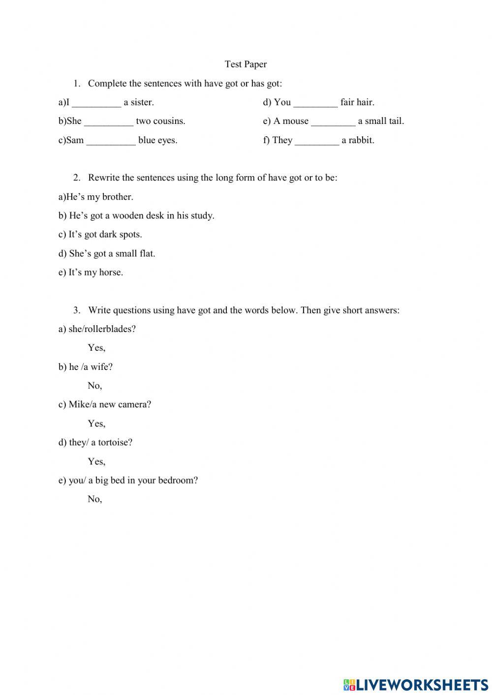 Have got - Test | Free Interactive Worksheets | 751045