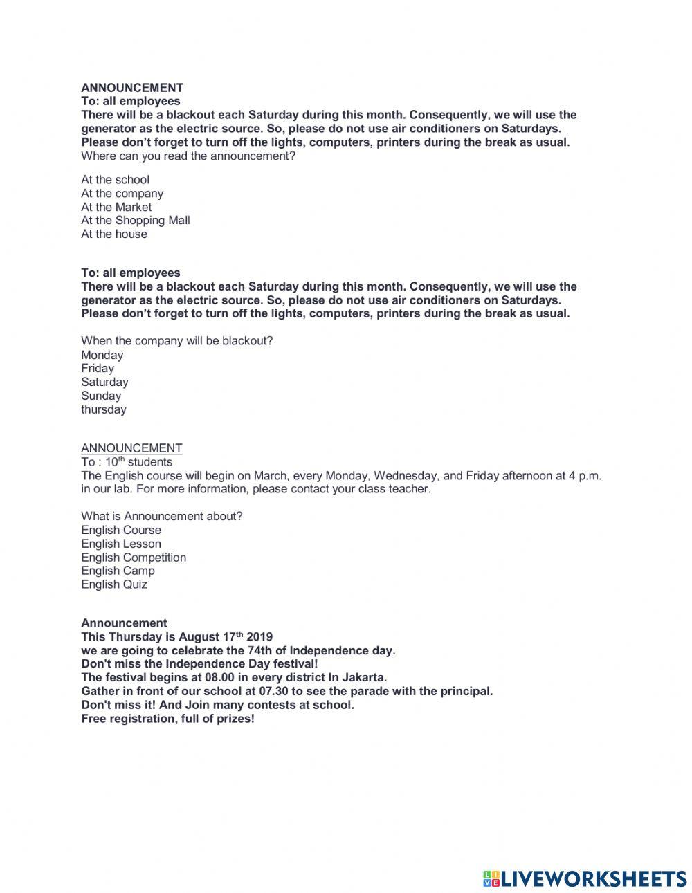 Announcement | Free Interactive Worksheets | 4782428