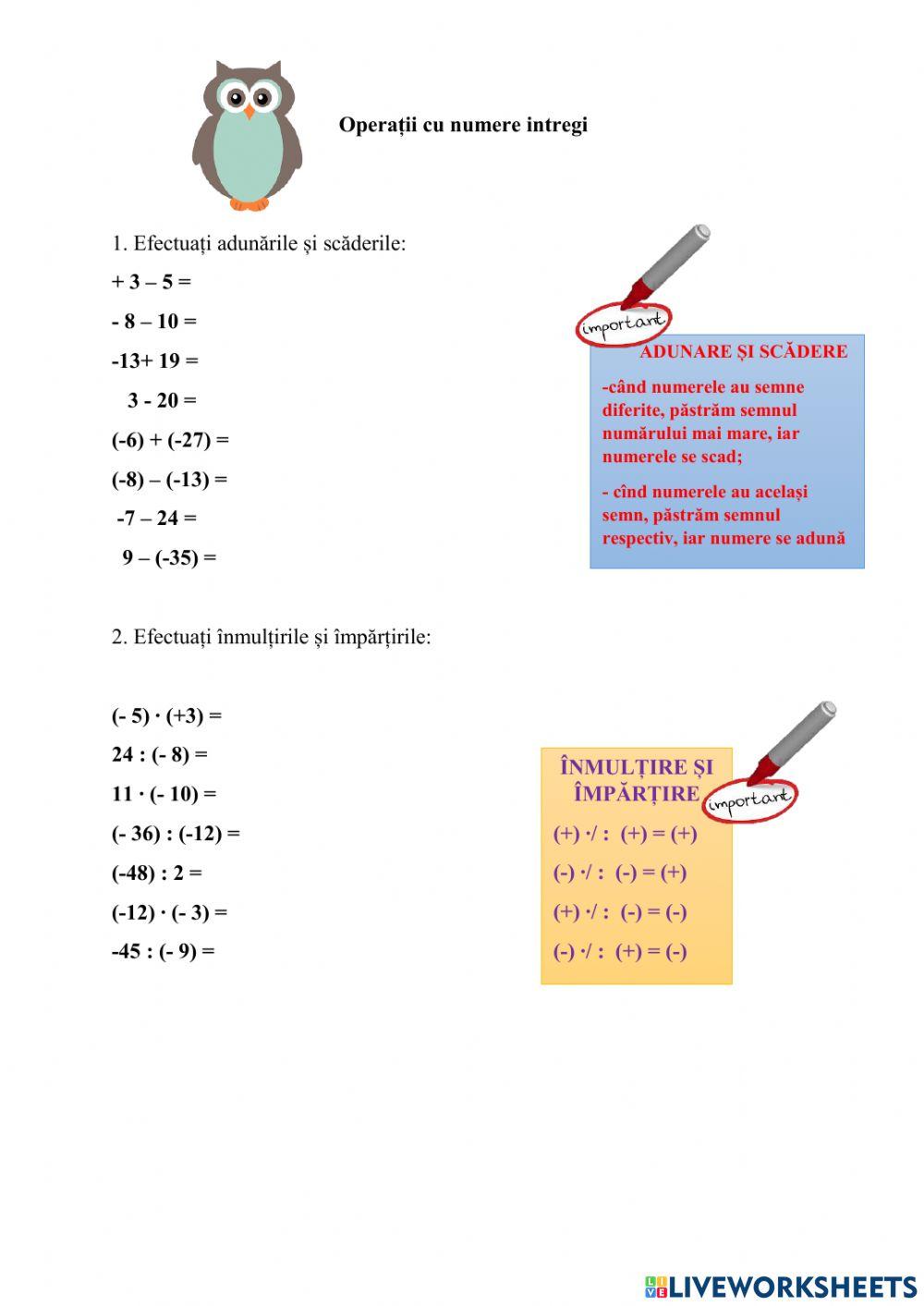 Operații cu num… | Free Interactive Worksheets | 751554