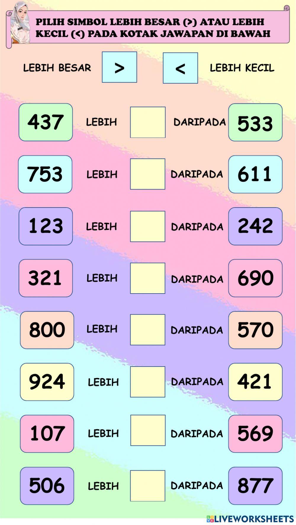 Membandingkan nilai nombor worksheet | Live Worksheets