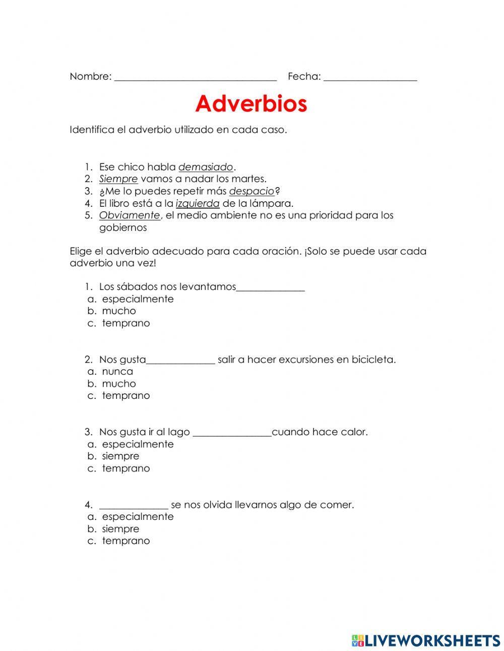 Adverbios online activity for Cuarto y Quinto de Primaria | Live Worksheets