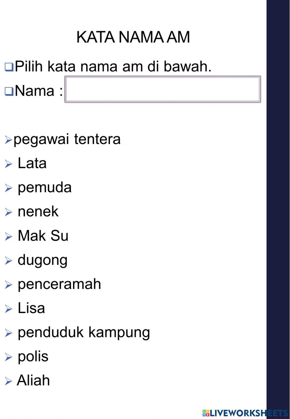 Kata Nama Am online activity for tick:yes | Live Worksheets