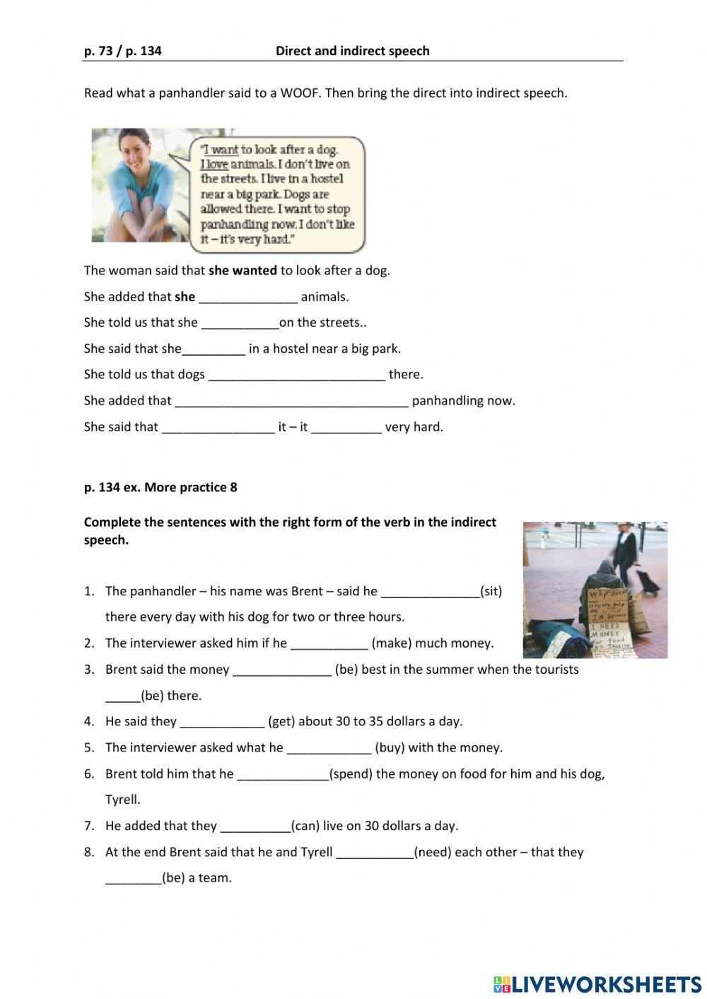 Direct into indirect speech online exercise for | Live Worksheets