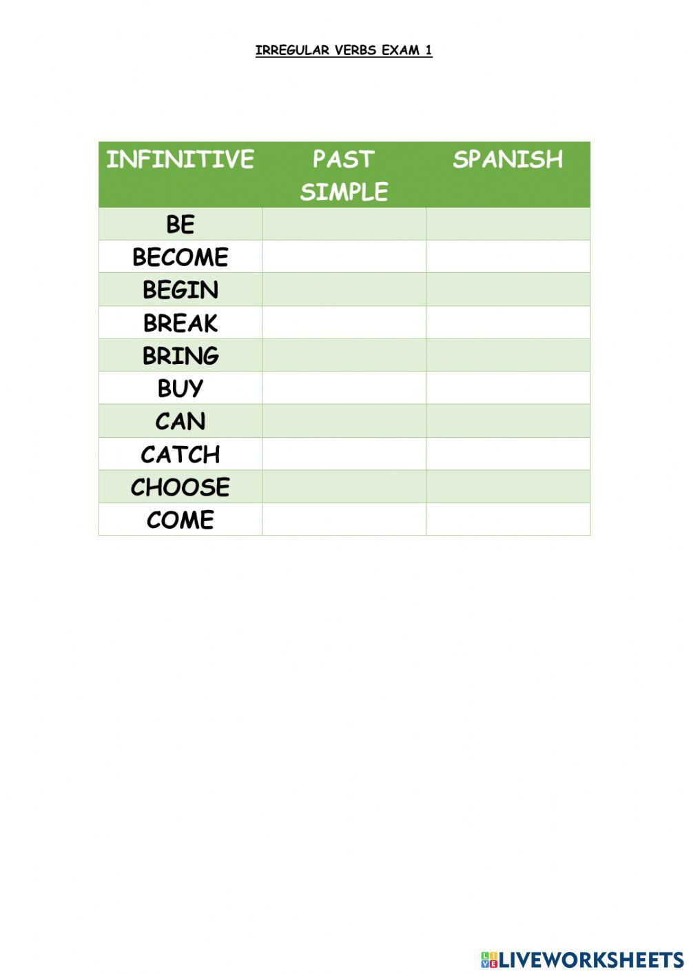 Irregular verbs exam 1 worksheet | Live Worksheets