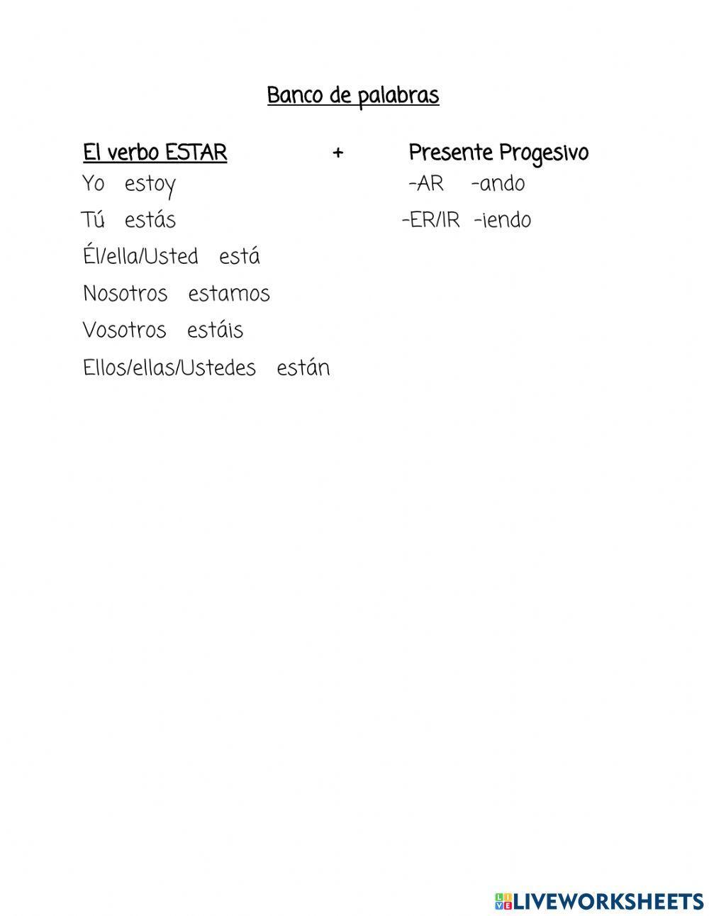 Presente progresivo online worksheet | Live Worksheets