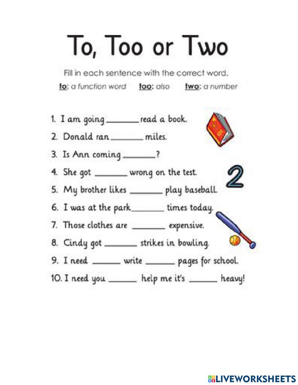 To Too And Two Worksheet
