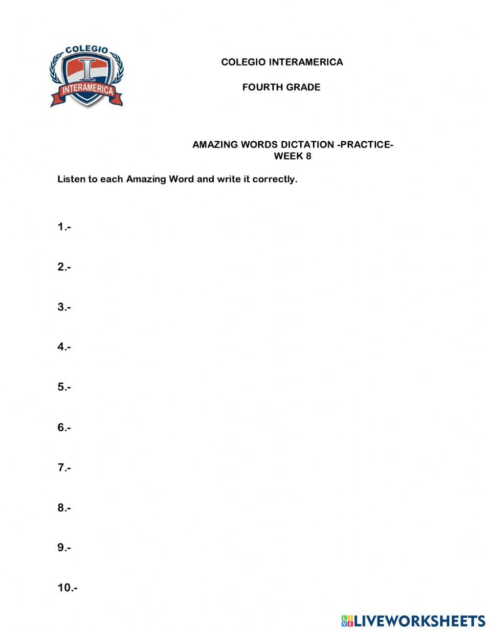 Amazing words 4th grade worksheet | Live Worksheets