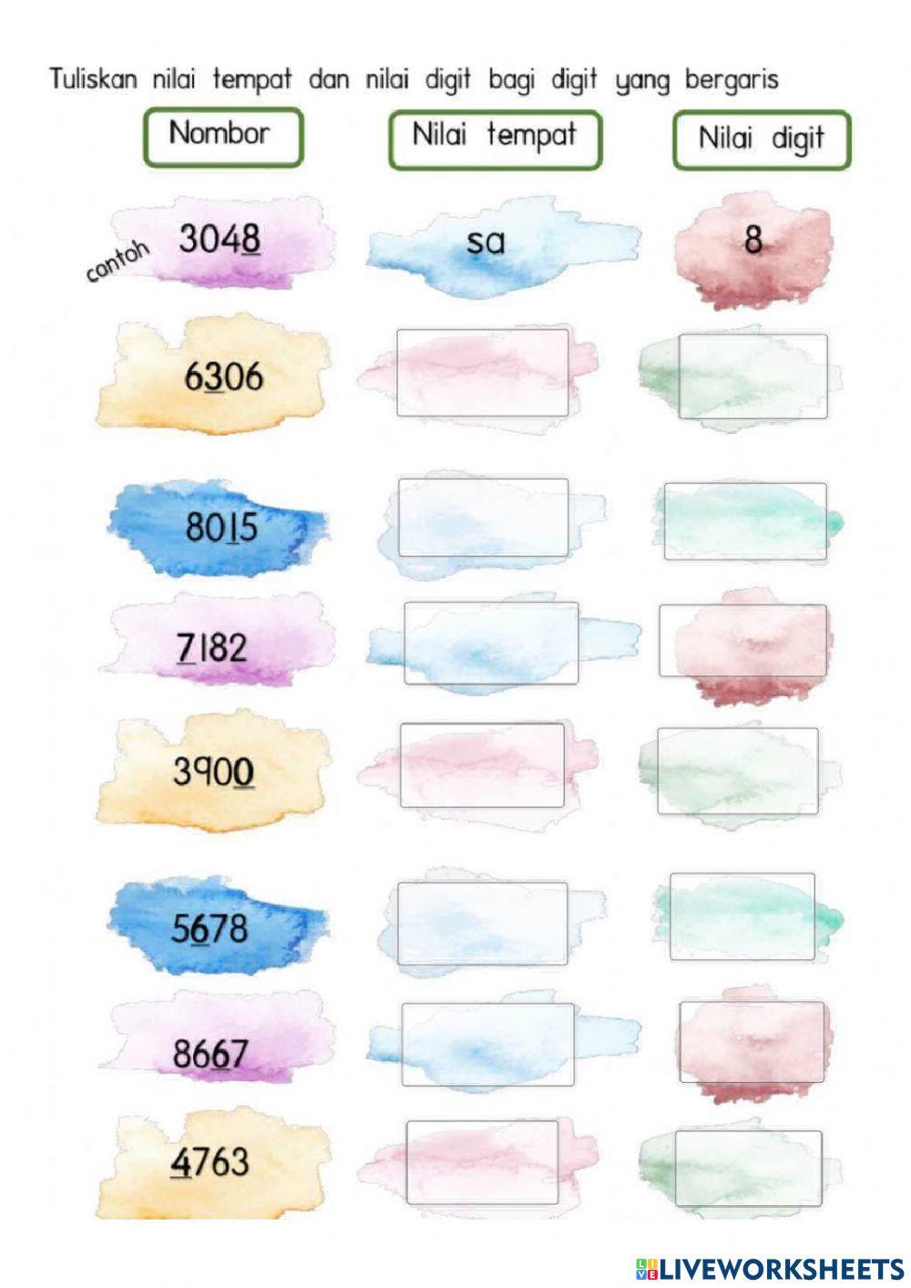 Nilai tempat dan nilai digit online pdf exercise for 2 | Live Worksheets