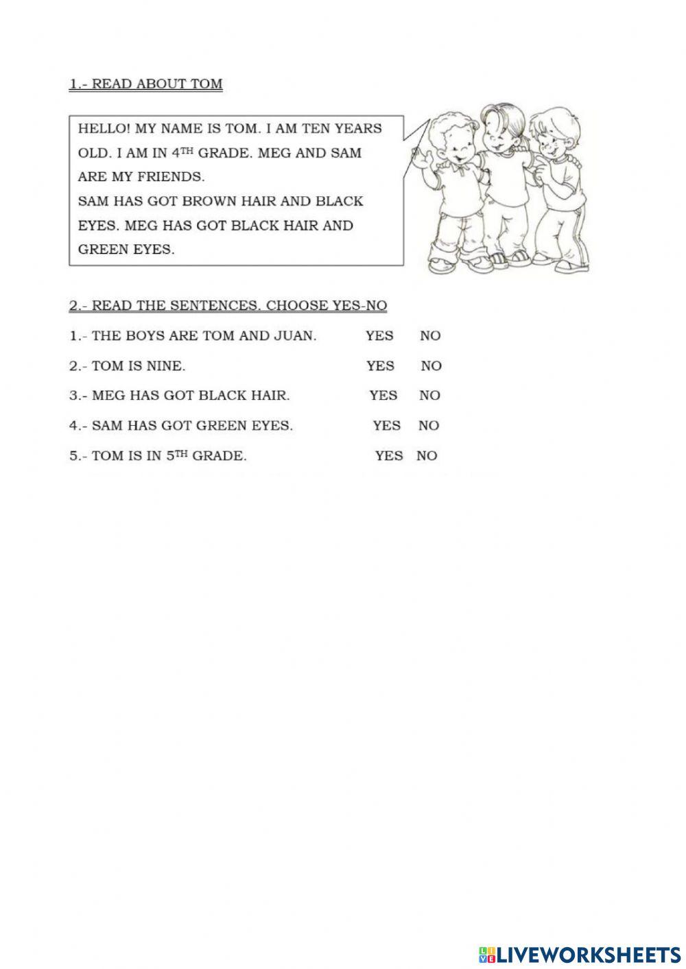 Reading about tom worksheet | Live Worksheets