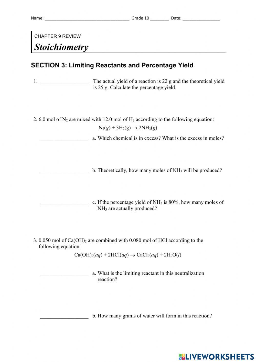 excess reactant worksheet