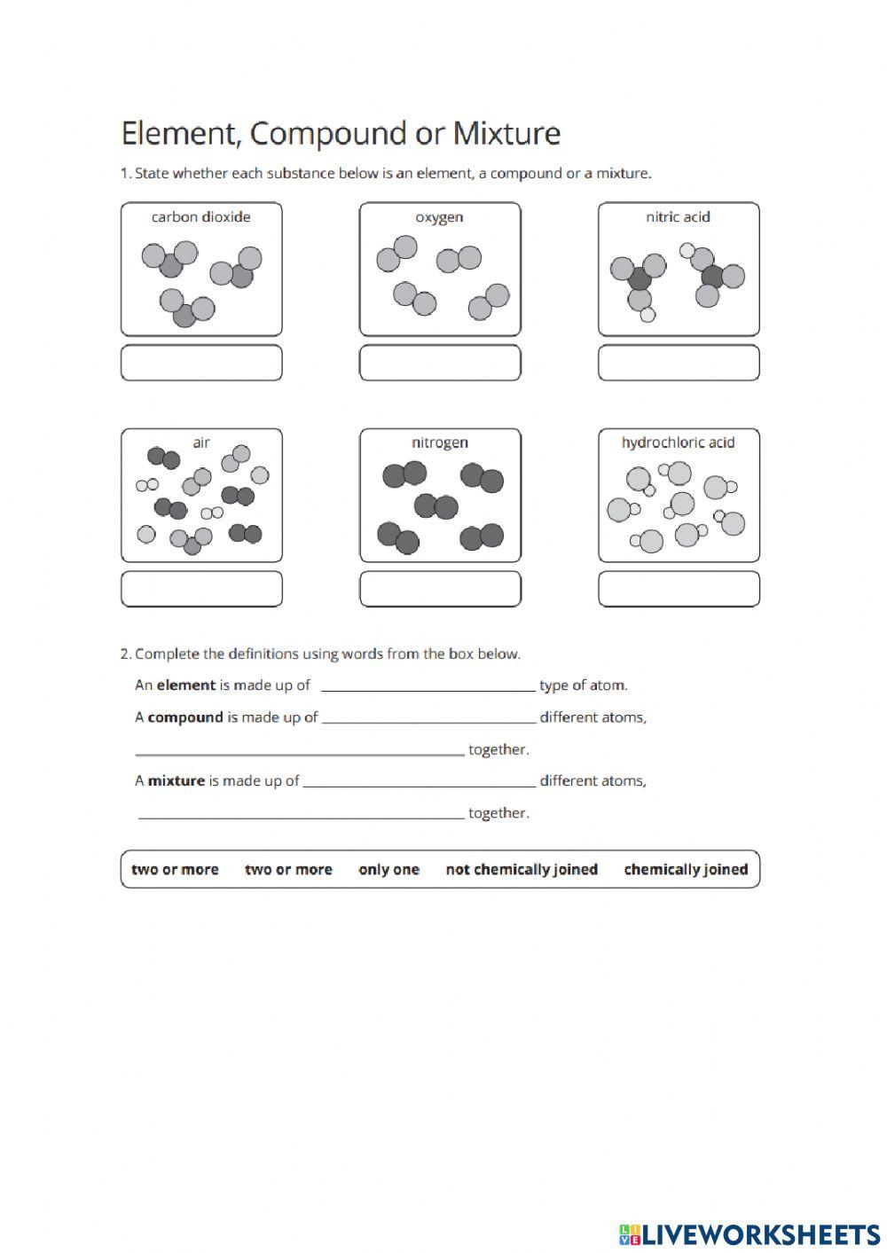 Elements Compounds And Mixtures Worksheet Elements Compounds And Mixtures Worksheet