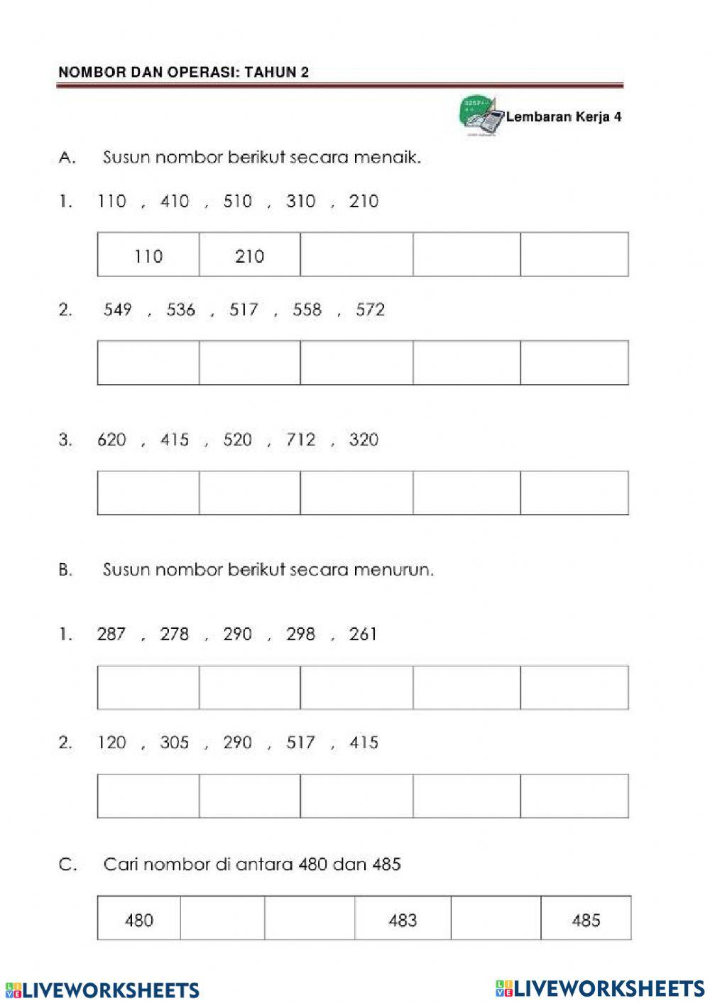 Susun nombor menaik dan menurun interactive worksheet | Live Worksheets