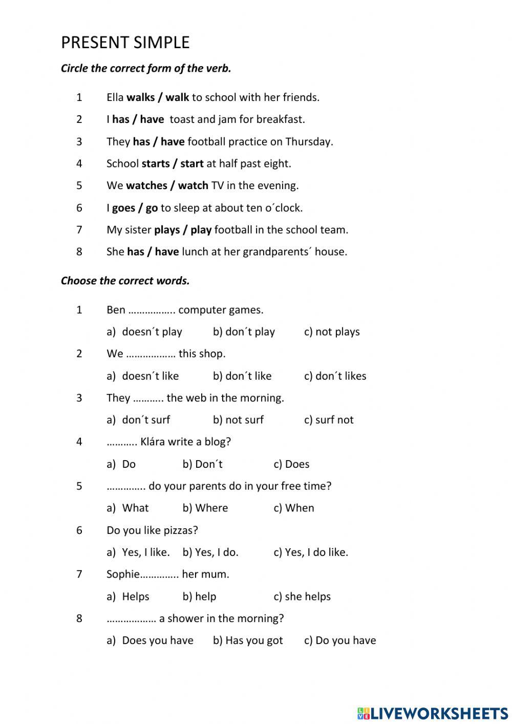 Present simple online exercise for Grade 5 | Live Worksheets