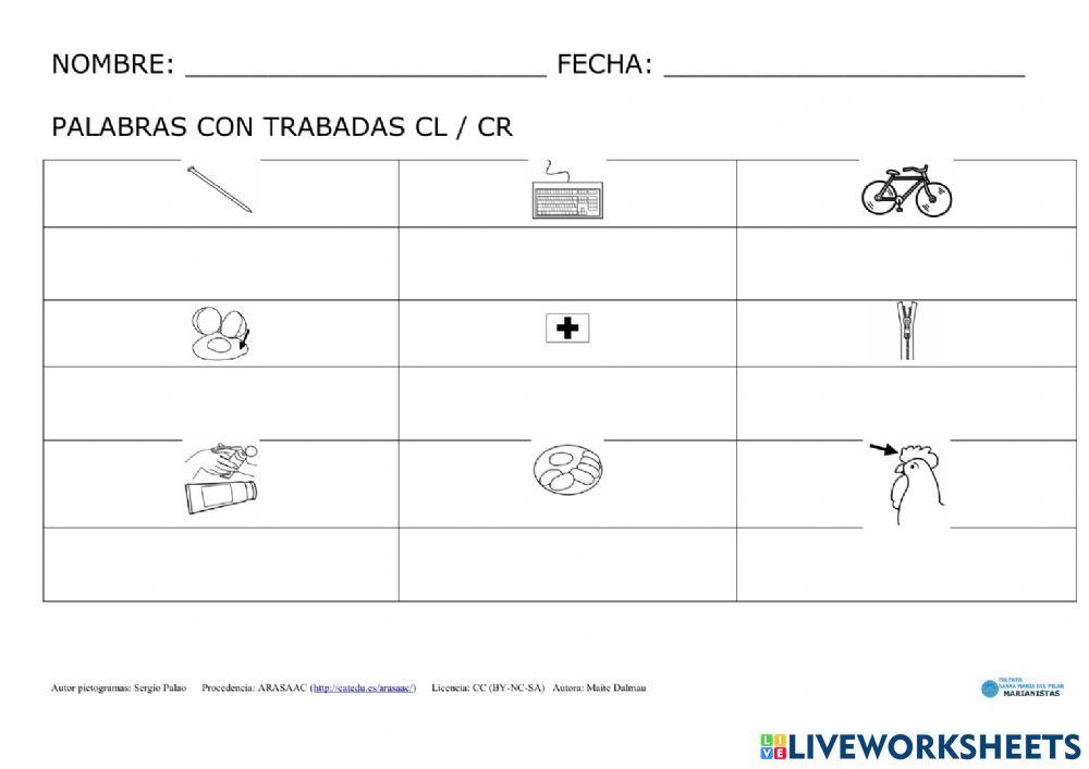 Escribir palabras con CL y CR worksheet | Live Worksheets
