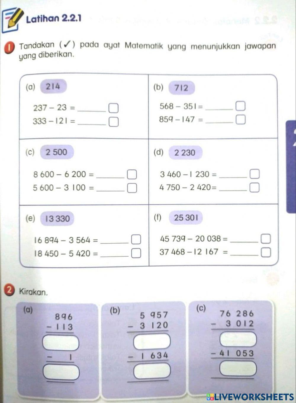 Operasi tolak free online worksheet | Live Worksheets