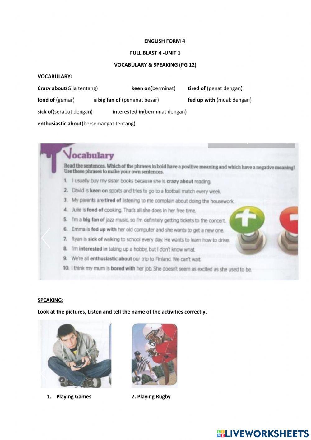 form 4 vocab - speaking pg 12 online exercise for | Live Worksheets