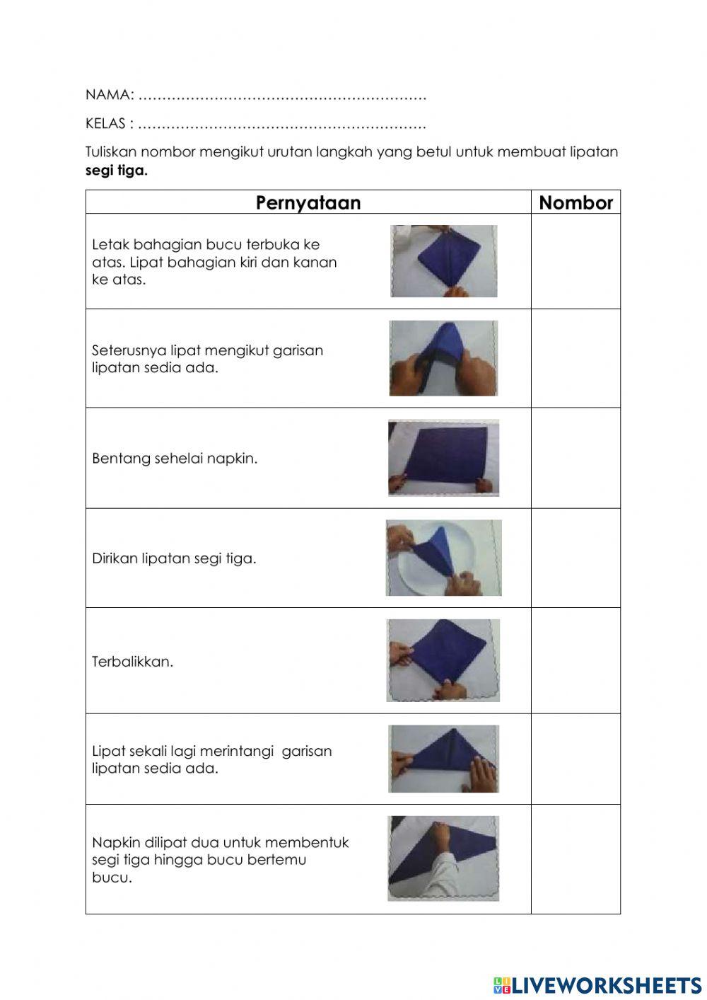 Lipatan Napkin: Lipatan Segi tiga worksheet | Live Worksheets