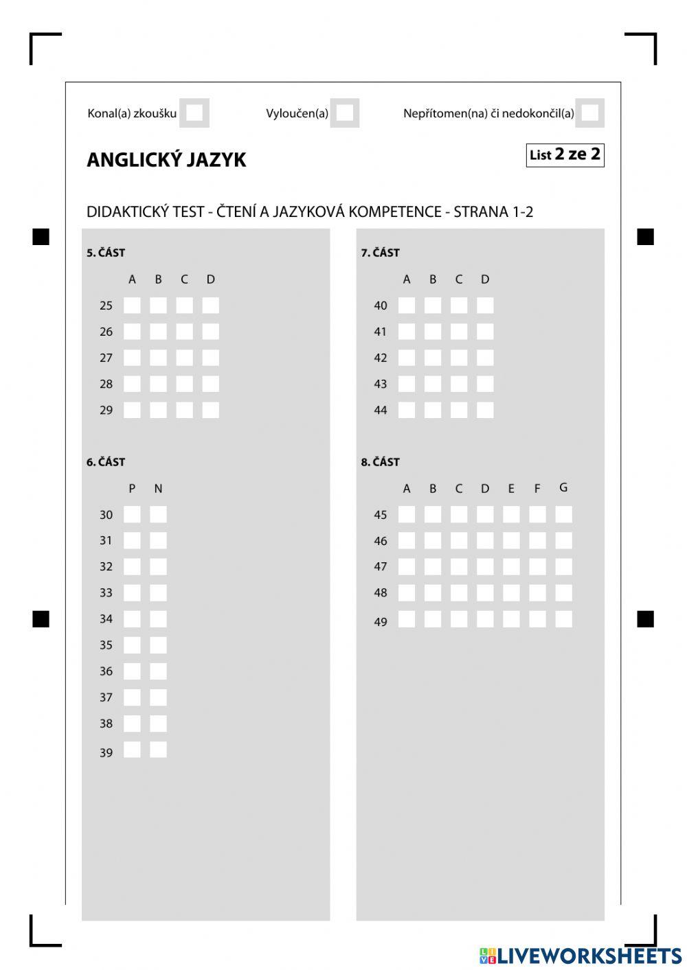 Záznamový arch Didaktický test Podzim 2016 worksheet | Live Worksheets