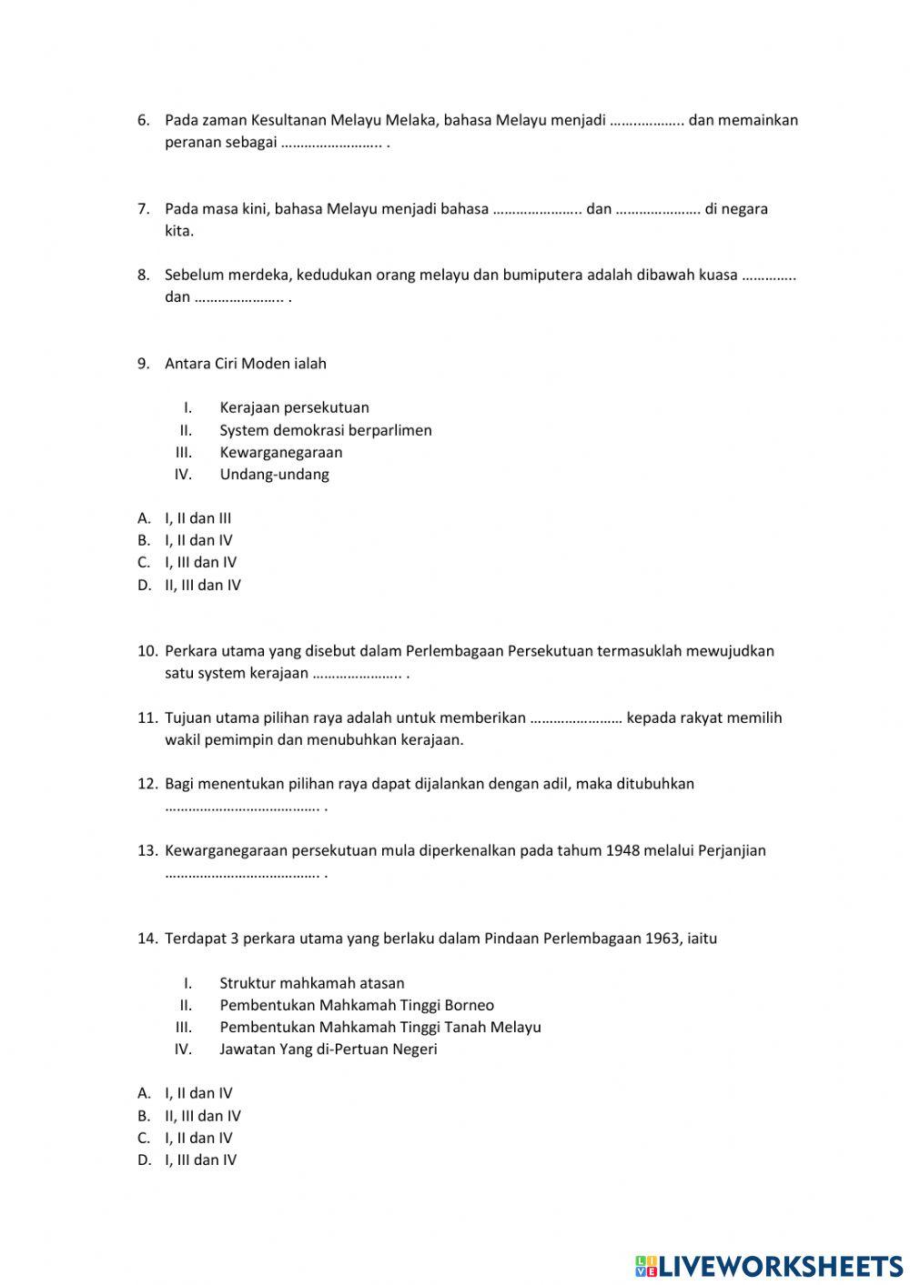 Perlembagaan Persekutuan interactive worksheet | Live Worksheets