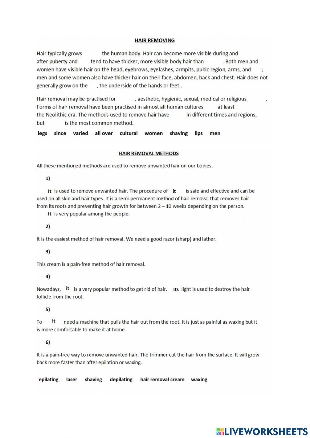 Hair removal online exercise for | Live Worksheets