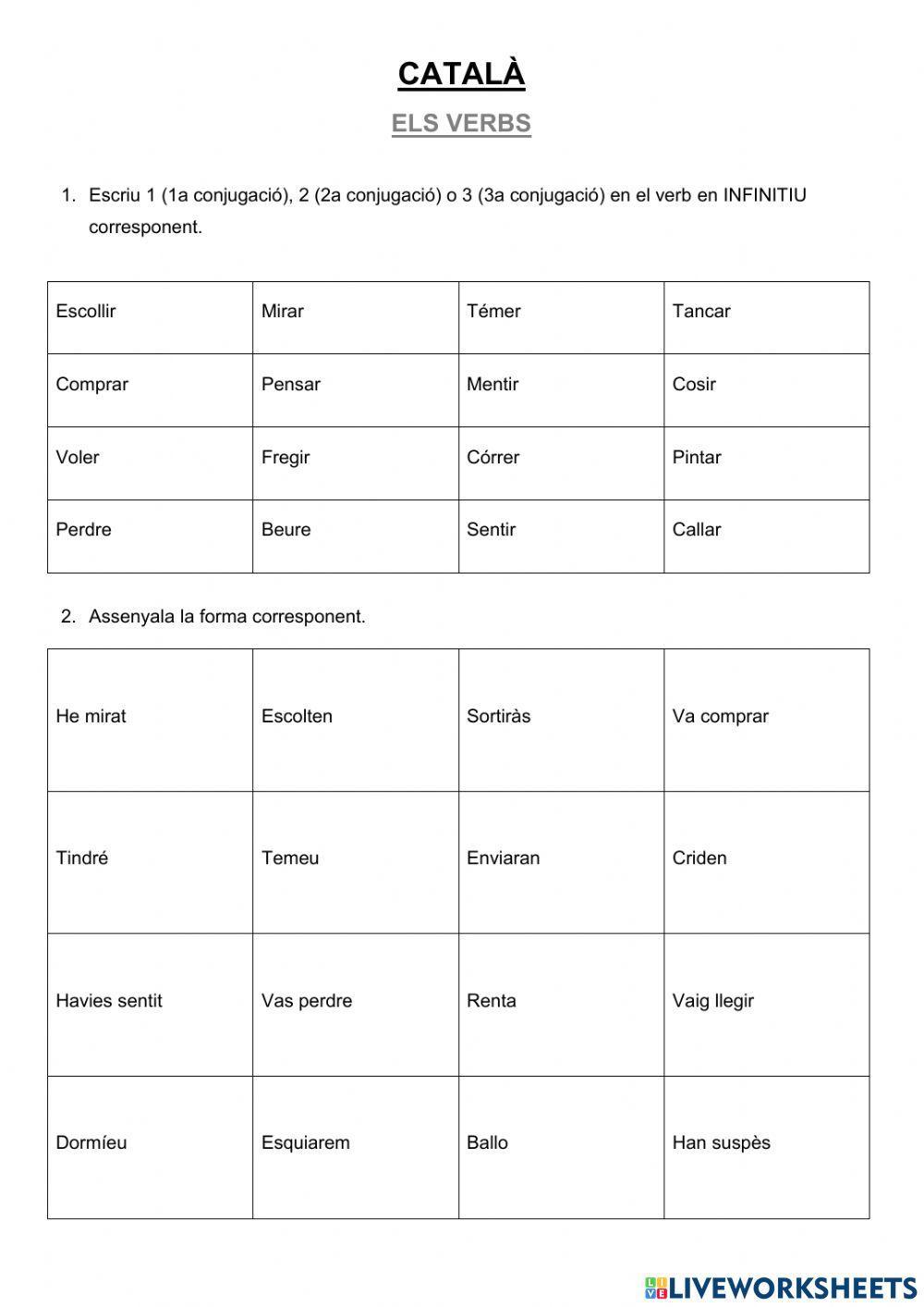 Els verbs | Free Interactive Worksheets | 759378