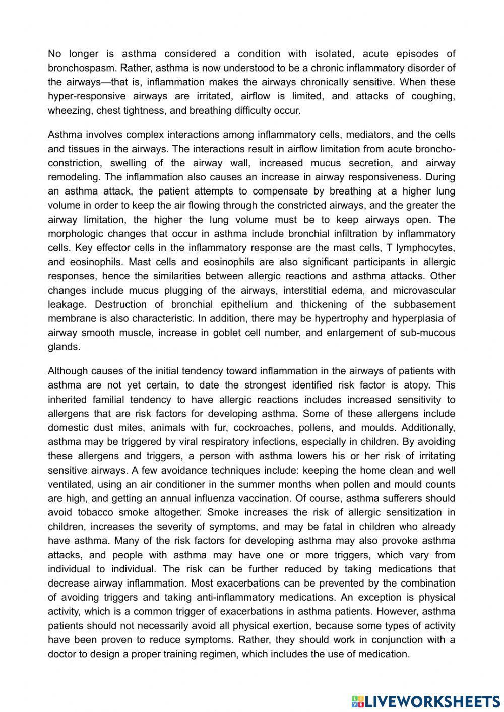 ASTHMA (MCQtest) worksheet | Live Worksheets