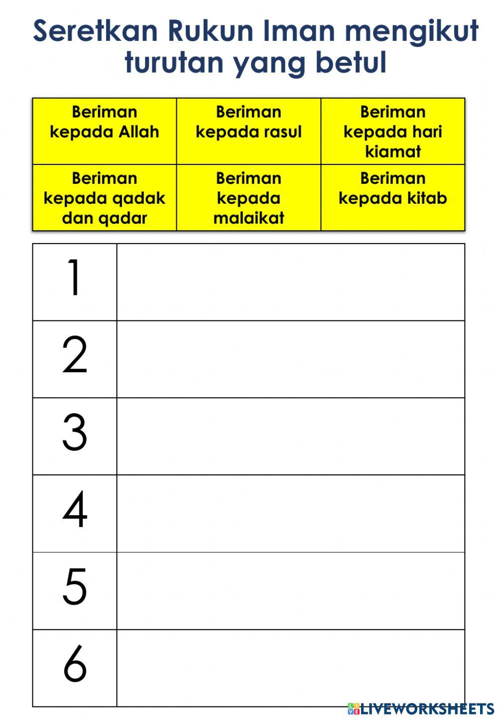 Rukun Iman online worksheet for Tahun 1 (PPKI) | Live Worksheets
