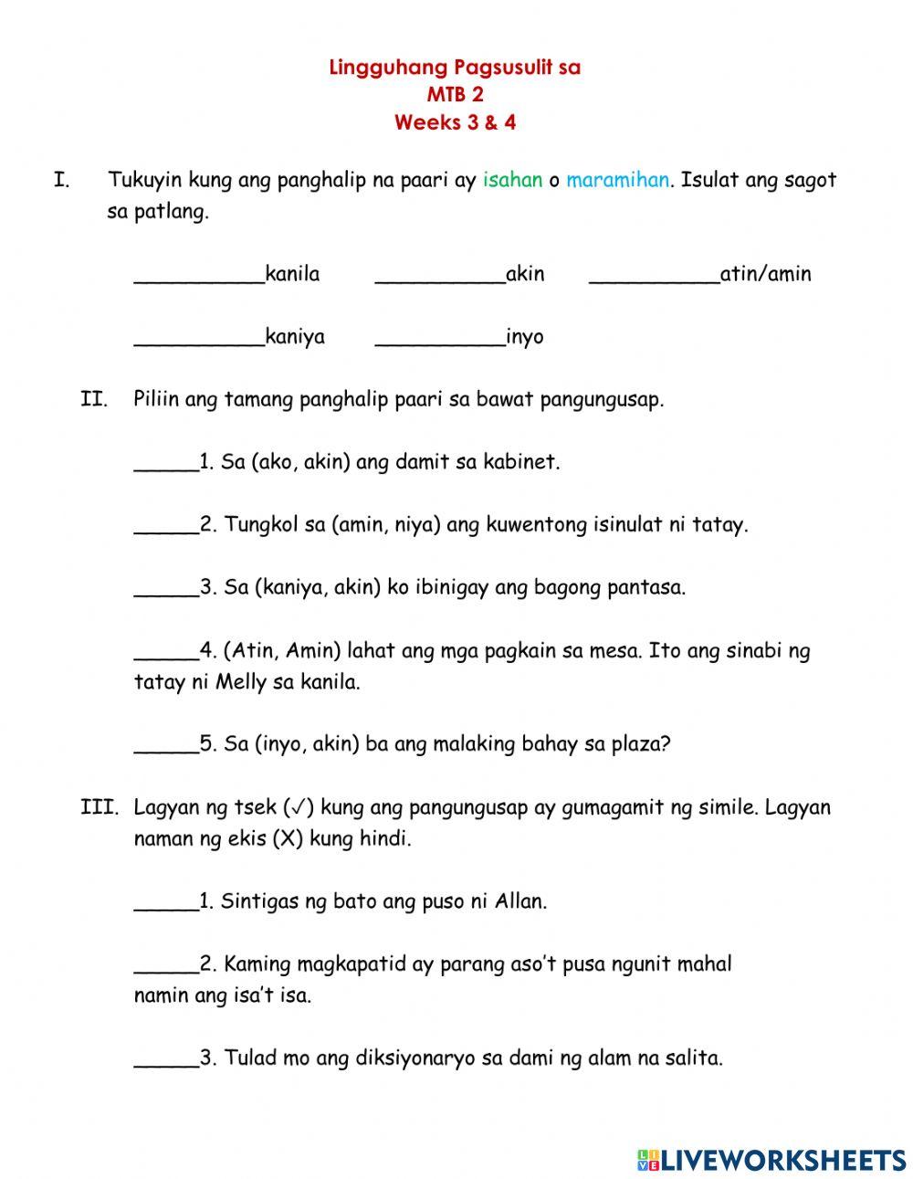 Lingguhang Pagsusulit exercise | Live Worksheets