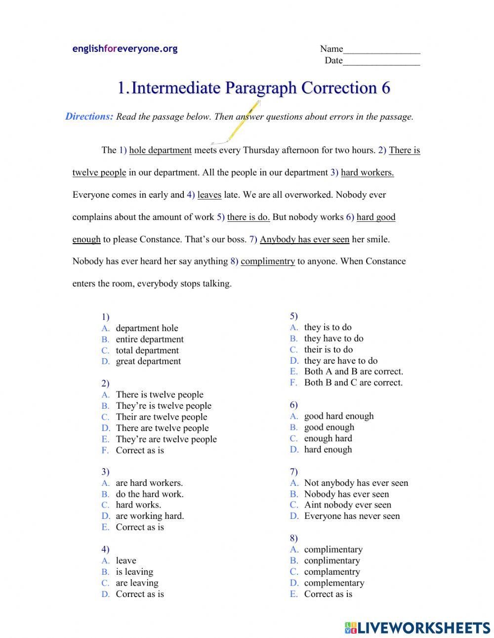 Intermediate Paragraph Corrections -6 worksheet | Live Worksheets