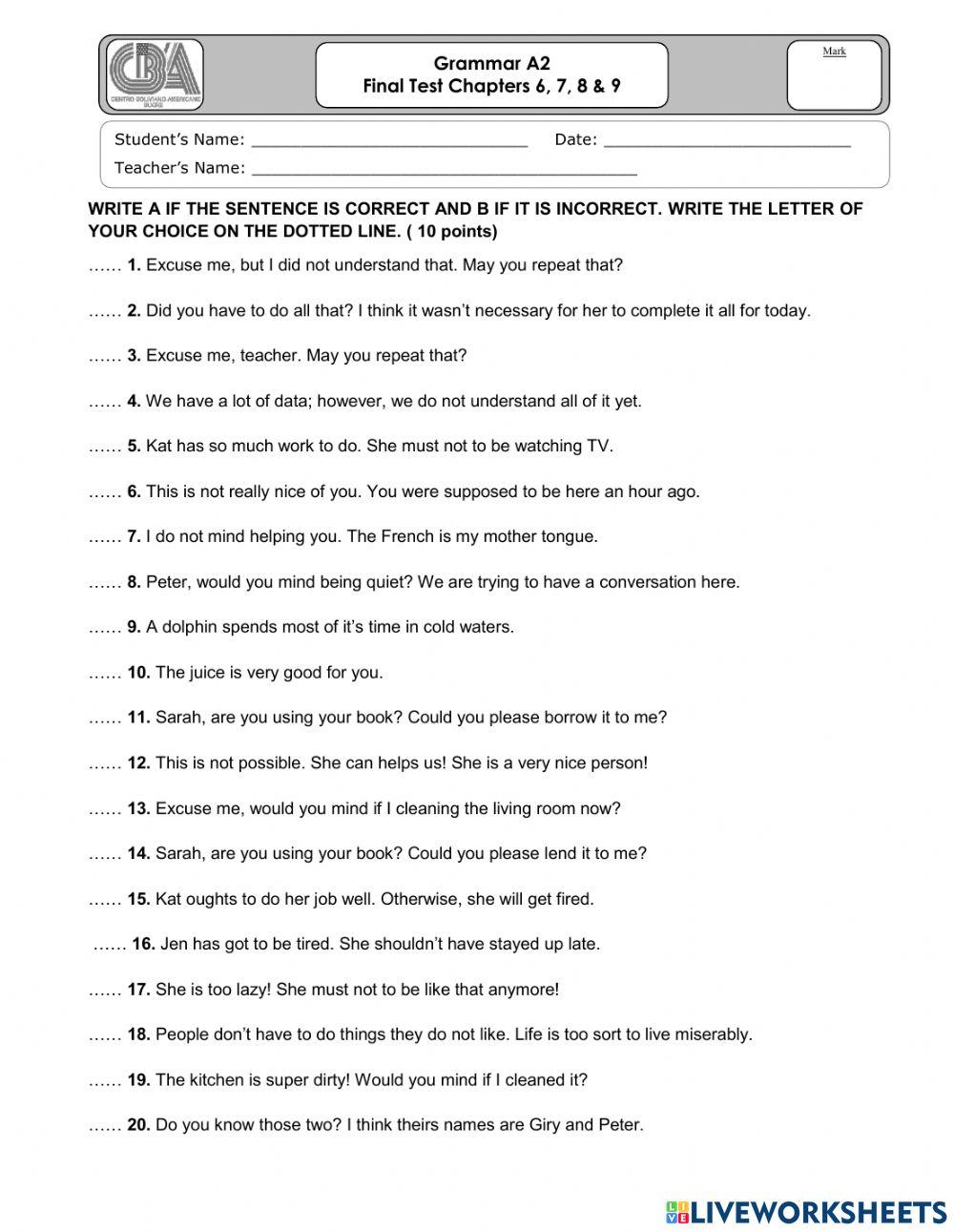 Grammar A2 | Free Interactive Worksheets | 760526