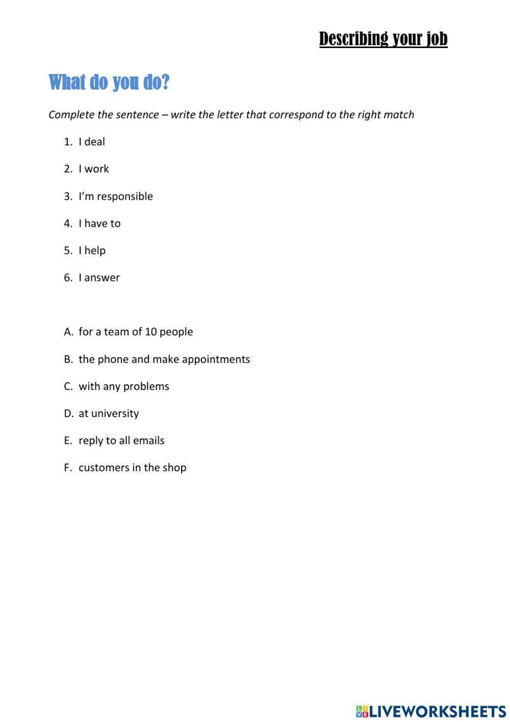 What do you do worksheet | Live Worksheets