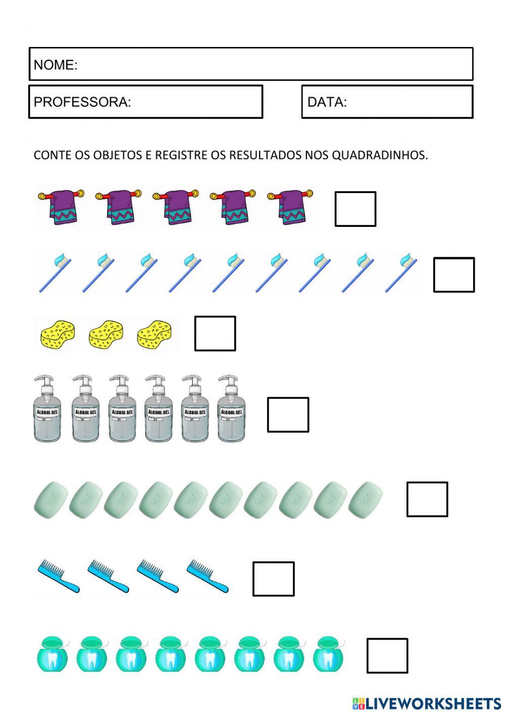 Higiene: Contando os objetos worksheet | Live Worksheets