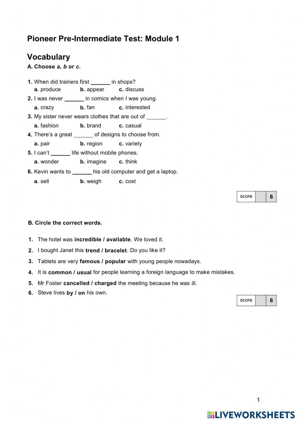 Pioneer Pre-Intermediate Module Test Worksheet Live, 58% OFF Pioneer Pre-Intermediate Module Test Worksheet Live, 58% OFF
