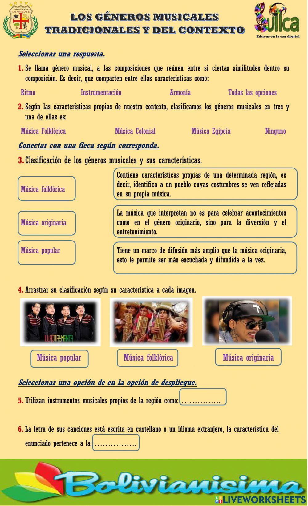 Los géneros musicales tradicionales y del contexto worksheet | Live ...