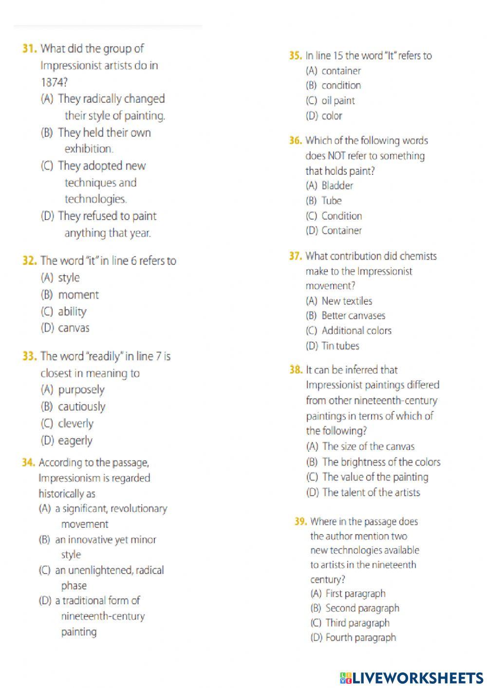 TOEFL FULL READING TEST: A online exercise for | Live Worksheets