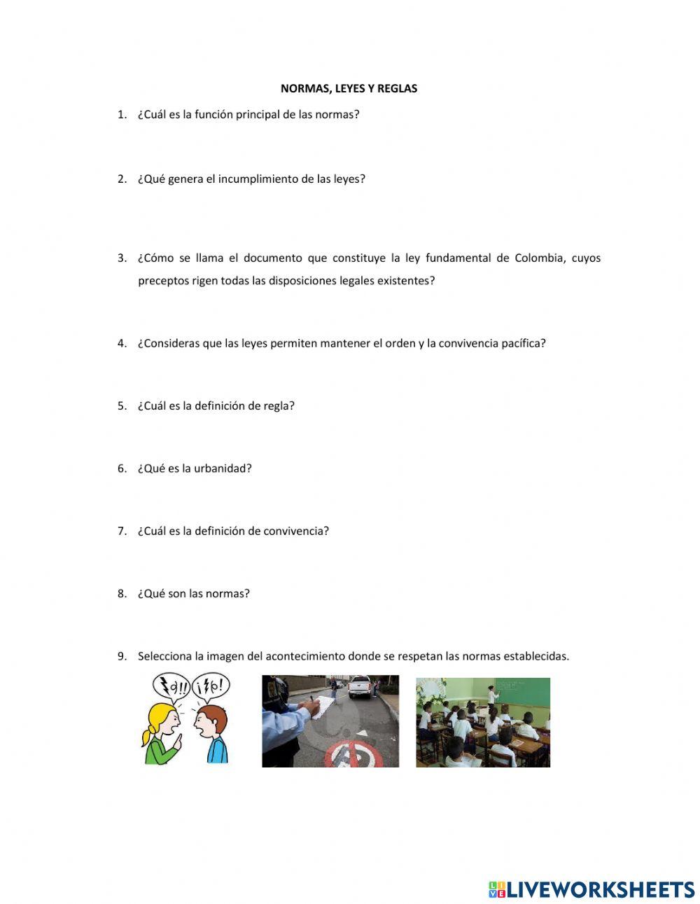 Normas, leyes y reglas worksheet | Live Worksheets